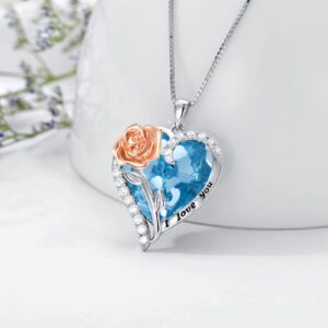 TOUPOP Rose Flower Necklace S925 Sterling Silver Floral Heart Pendant Necklace with March Birthstone Crystal Birthday Jewelry Gifts for Women Wife Mom