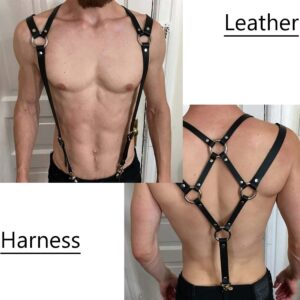 BODIY Men's Leather Suspenders Belt Shoulder Strap Y-Back Silver Swivel Hook Adjustable Button Tuxedo Suspender Body Harness for Men