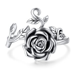 hoohwe s925 sterling silver flower rings rose flower open ring 3d rose shape adjustable ring jewelry for women teen (adjustable)