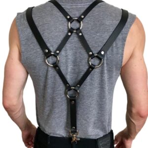 bodiy men's leather suspenders belt shoulder strap y-back silver swivel hook adjustable button tuxedo suspender body harness for men