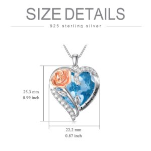 TOUPOP Rose Flower Necklace S925 Sterling Silver Floral Heart Pendant Necklace with March Birthstone Crystal Birthday Jewelry Gifts for Women Wife Mom