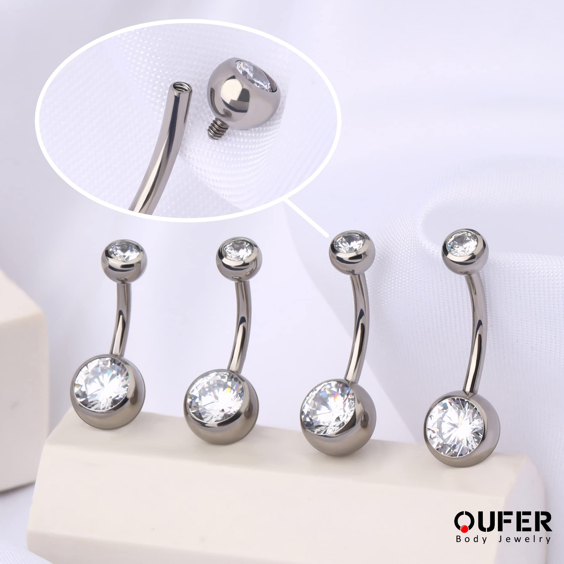 OUFER Titanium Long Belly Button Rings, Internally Threaded 14mm Navel Piercing Jewelry, Round CZ Belly Ring for Women