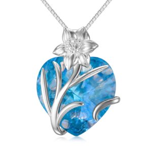 toupop march birth flower necklaces with heart aquamarine 925 sterling silver dainty daffodils floral pendant necklace with march birthstone birthday gifts for women