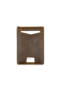 andar the apollo leather slim rfid blocking minimalist bifold wallet with money clip and id slot made of full grain leather elastic pull tab (saddle brown)