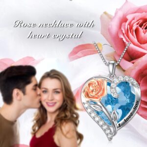 TOUPOP Rose Flower Necklace S925 Sterling Silver Floral Heart Pendant Necklace with March Birthstone Crystal Birthday Jewelry Gifts for Women Wife Mom