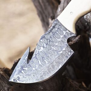 LH LIMASSOL 8 INCH Fixed Blade Custom Handmade Damascus steel Gut Hook knife/Hunting knife / skinner knife /Gut Hook knife leather sheath (camel bone)