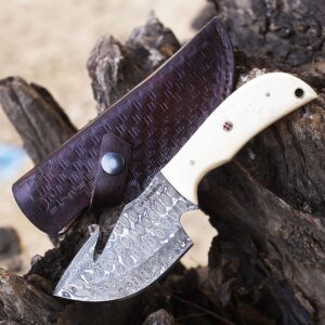 lh limassol 8 inch fixed blade custom handmade damascus steel gut hook knife/hunting knife / skinner knife /gut hook knife leather sheath (camel bone)