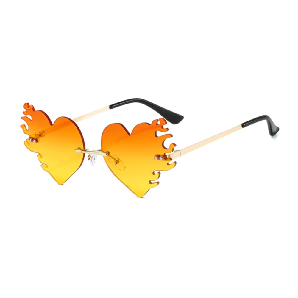 ENTHYI Melting Heart Flame sunglasses Women/men Trendy Rimless Party Cute Prom Glasses Novelty Heart Fire Flame Eyewear (orange)