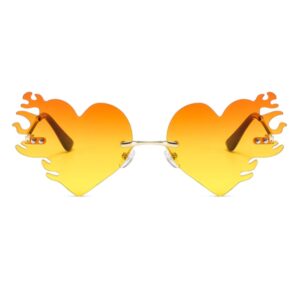 ENTHYI Melting Heart Flame sunglasses Women/men Trendy Rimless Party Cute Prom Glasses Novelty Heart Fire Flame Eyewear (orange)