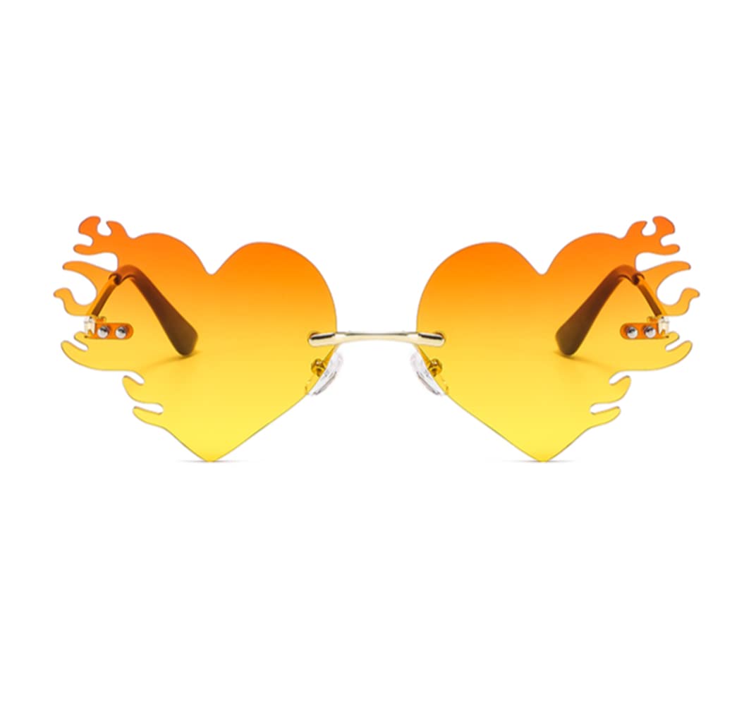 ENTHYI Melting Heart Flame sunglasses Women/men Trendy Rimless Party Cute Prom Glasses Novelty Heart Fire Flame Eyewear (orange)