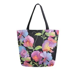 alaza sweet pea flower floral large canvas tote bag shopping shoulder handbag with small zippered pocket