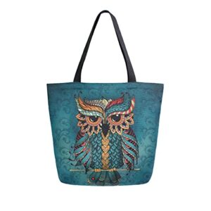 alaza owl print boho ethnic large canvas tote bag shopping shoulder handbag with small zippered pocket