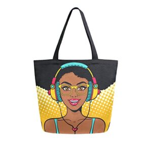 alaza african american woman music large canvas tote bag shopping shoulder handbag with small zippered pocket