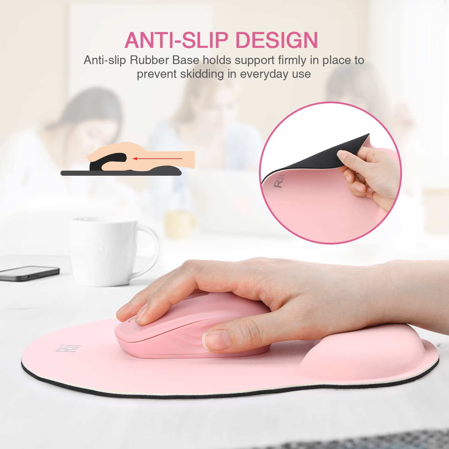 Rii Ergonomic Office Mouse Pad with Wrist Support Gel Mouse Pad with Wrist Rest,Gaming Desktop Mouse Pad for Laptop,with Non-Slip Rubber Base, 9 x 10 in (Pink)