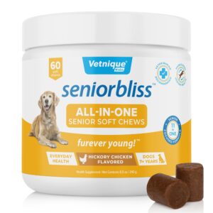 vetnique seniorbliss senior dog multivitamin with glucosamine, omega 3 fish oil, and probiotics - for dog joints, digestive and immune support for optimal health (all-in-one daily vitamin, 60ct)