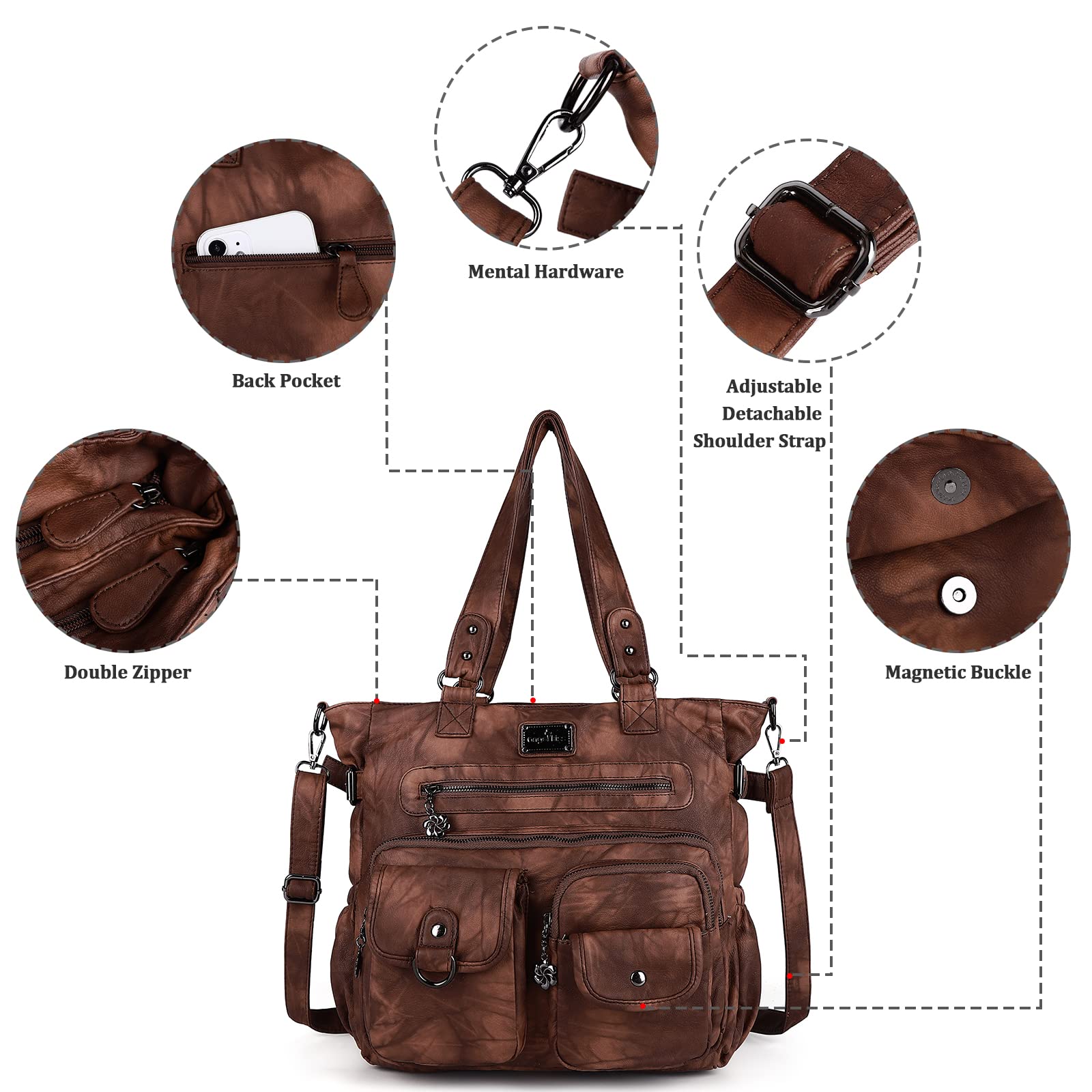 Angelkiss Purses and Handbag for Women Soft PU Leather Shoulder Handbag Hobo Bags Satchel Shoulder Bags Ladies Tote Crossbody Travel Bag BROWN