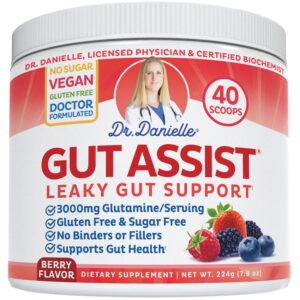 doctor danielle gut assist - leaky gut repair supplement powder - glutamine, arabinogalactan, licorice root - supports ibs, heartburn, bloating, gas, constipation, sibo from, berry flavor