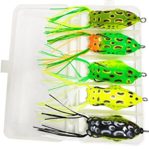 kmucutie 5 pcs topwater frog lures sets with bait box, frog fishing crankbait lures, soft bait for bass snakehead, freshwater soft simulated frog bait (5 cm / 8 g, 5 pieces mix colors a)