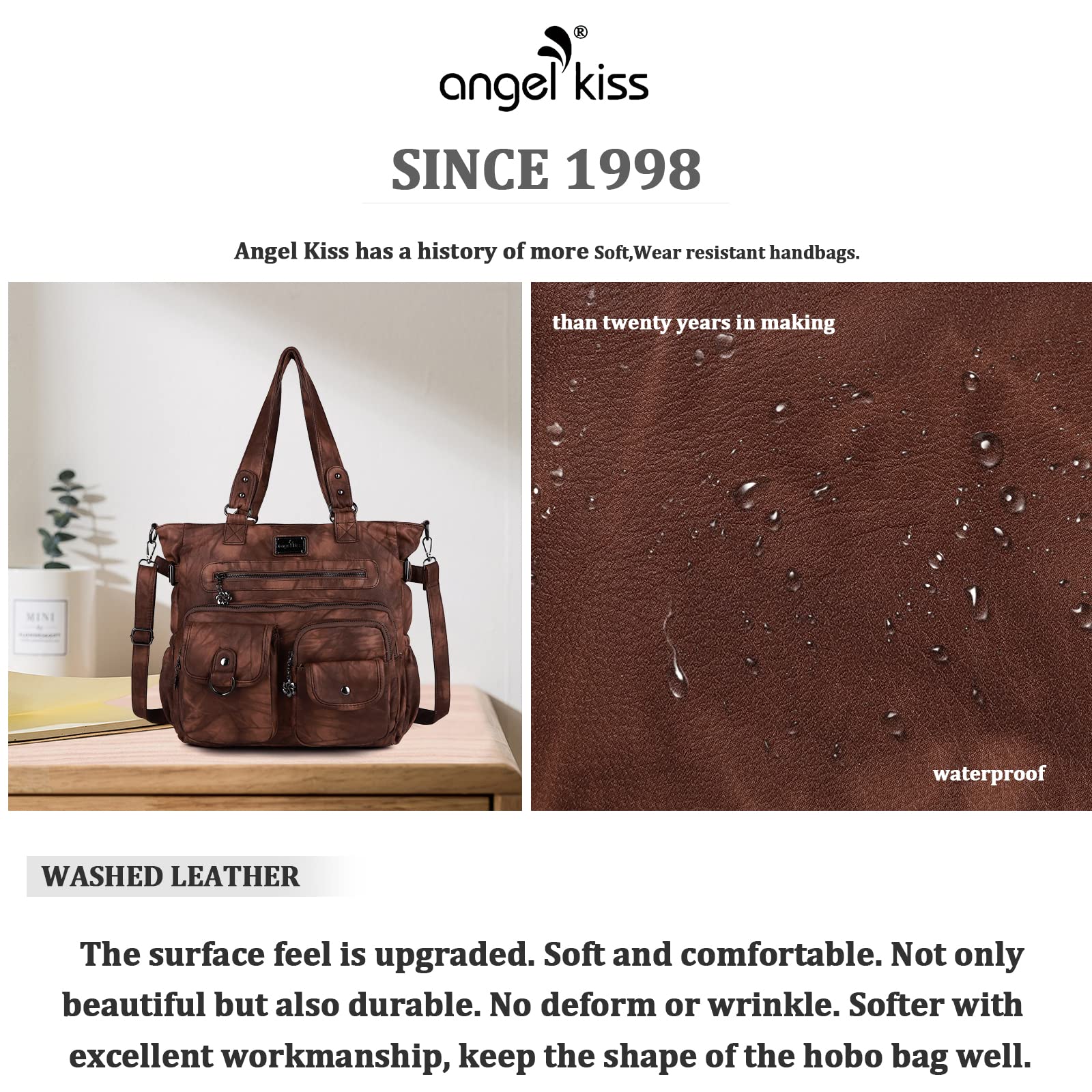 Angelkiss Purses and Handbag for Women Soft PU Leather Shoulder Handbag Hobo Bags Satchel Shoulder Bags Ladies Tote Crossbody Travel Bag BROWN