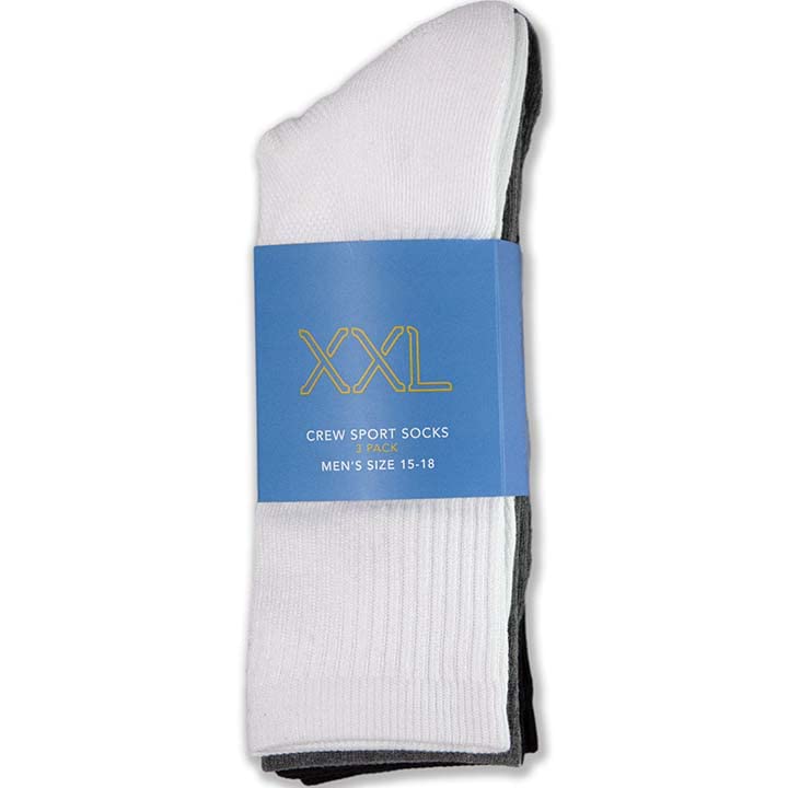 XXL Crew Sport Socks (Men's Size 15-18) (3-Pack) (Multicolor)