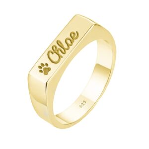 personalized 925 sterling silver pet paw print name band ring engraved dog/cat/animal paw jewelry gifts (gold)