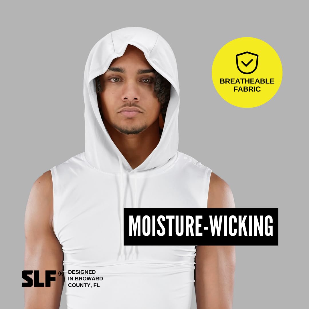 SLEEFS Basic White Sleeveless Compression Hoodie - Workout Top Tank for Men - Breathable Muscle Shirt - Quick Dry