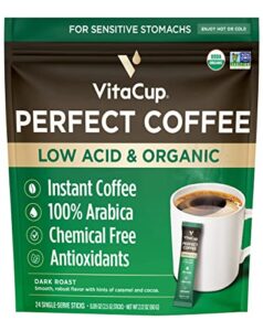 vitacup perfect low acid instant coffee packets, dark roast coffee, usda organic & fair trade, third party tested for mycotoxins & pesticides, single origin, clean & pure, 24 ct