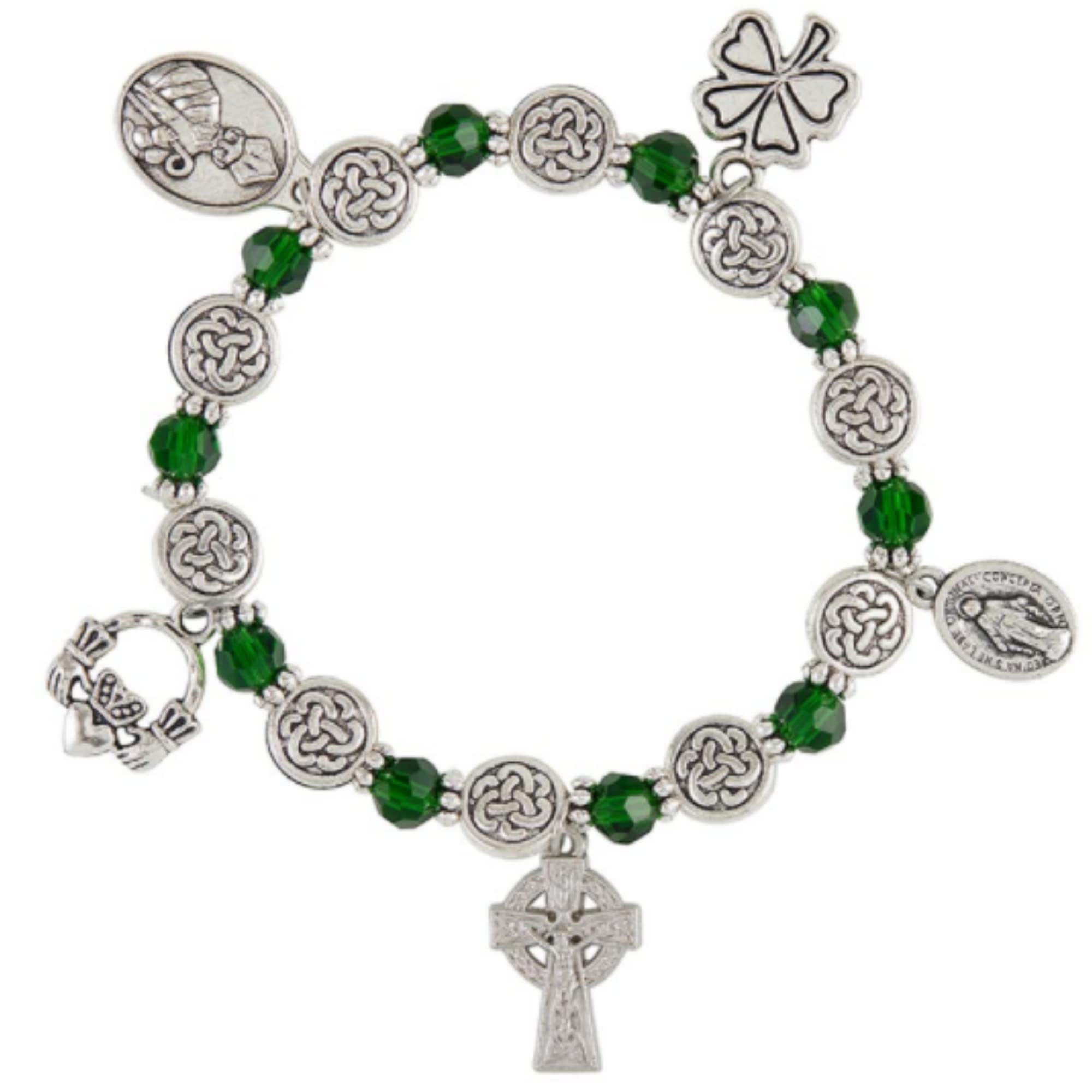 Irish Charm Rosary Bracelet with Green Glass Beads, Crucifix, Claddagh Ring, Four Leaf Clover, St Patrick, and Miraculous Medal Charms, 7.5 Inches