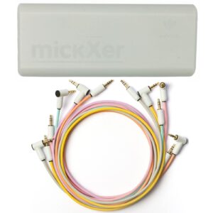 myvolts mickxer with candycord audio cables - 5-way cool grey passive mixer with noise filtering and candycord 6-pack, straight to angled mini jack, 70cm, peach, pink, purple, grey, green, yellow