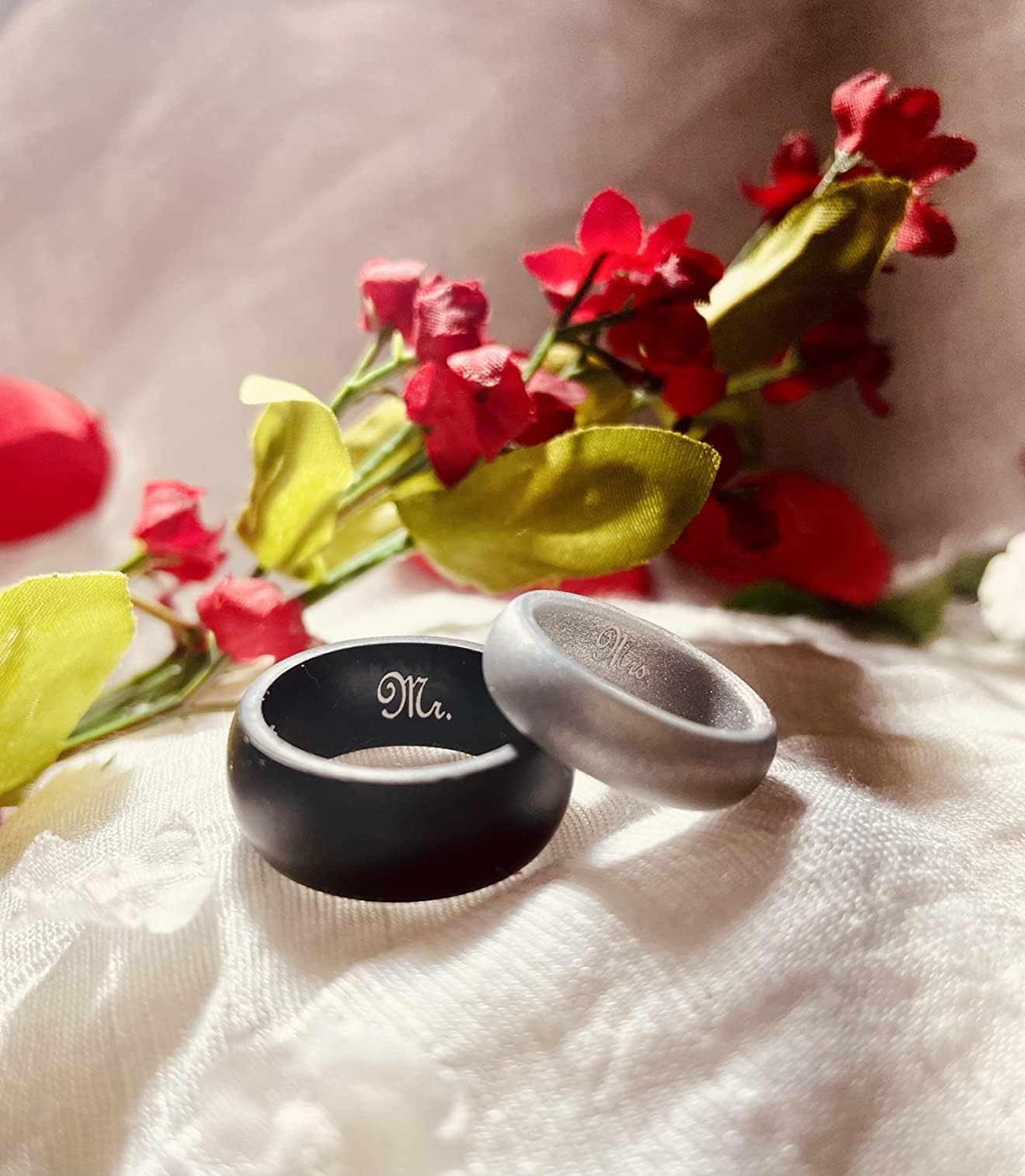 AERA CUSTOMIZED His & Hers Silicone Wedding Band Set - Engrave Any Text, Symbol, Image - Ships Next Day