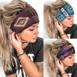 gortin boho headbands green stretch wide hair bands feather print turban headband yoga head wraps elastic head band for women and girls pack of 3 (set 3)