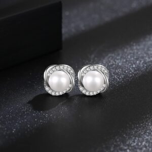 Pearl Earrings for Women Freshwater Cultured Pearl Stud Earrings 925 Sterling Silver Cubic Zirconia Stud Earrings for Mother Her (Silver)