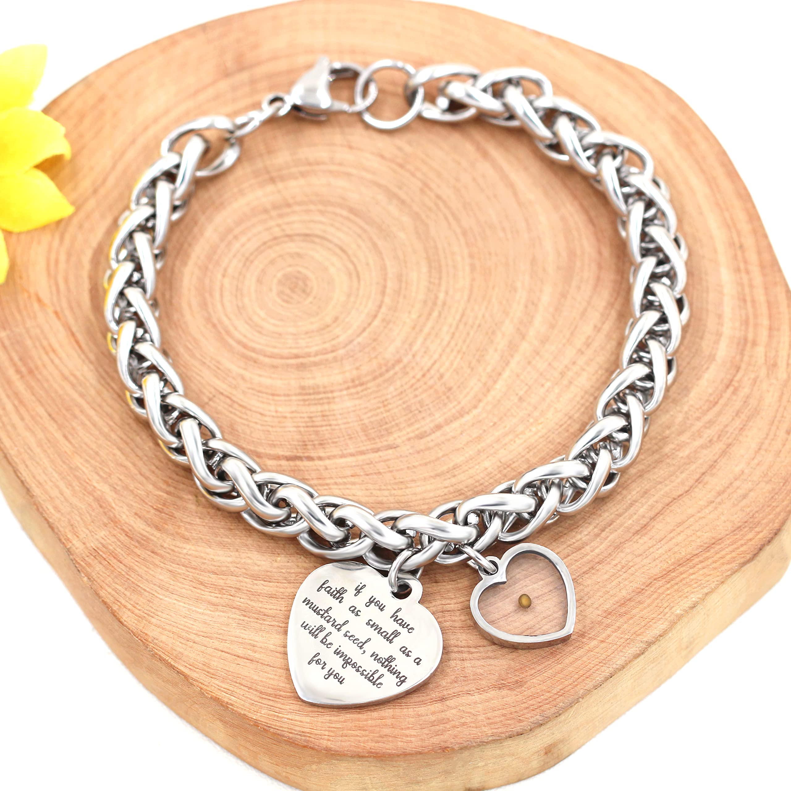 Cool Stainless Chunky Thick Large Link Chain Bracelet with Faith Mustard Seed Charm for Men Women Length 7.9" * Width 8mm (8mm-Heart Charm)