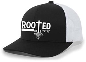 christian rooted in christ cross mens embroidered mesh back trucker hat, black/white