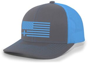 christian american flag cross mens embroidered mesh back trucker hat, charcoal/neon blue