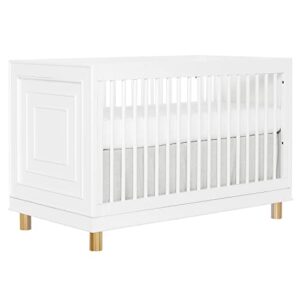 evolur loft art deco 3-in-1 convertible crib in white with gold hardware, greenguard gold certified, 3 mattress height settings, features rounded spindles, converts to toddler bed & daybed