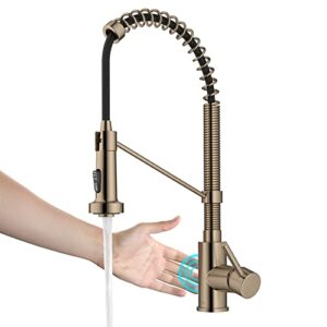 kraus bolden touchless sensor commercial style 2-function single handle pull-down kitchen faucet in spot-free antique champagne bronze, ksf-1610sfacb