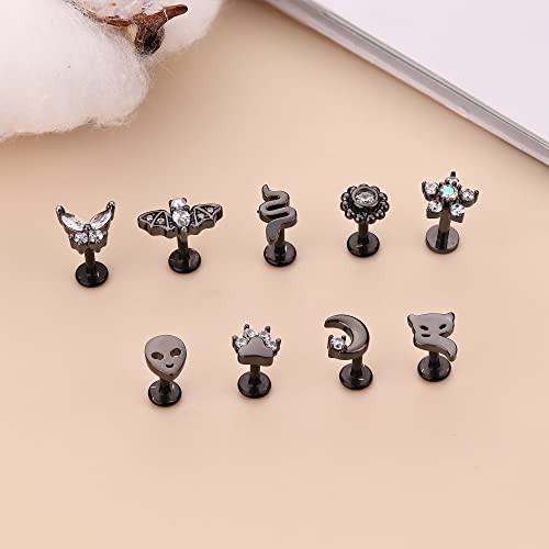 Sanfenly Helix Piercing Jewelry Stainless Steel Cartilage Tragus Conch Earring Stud 16G 6MM Internally Threaded Medusa Monroe Lip Ring Labret Nose Stud Set Black