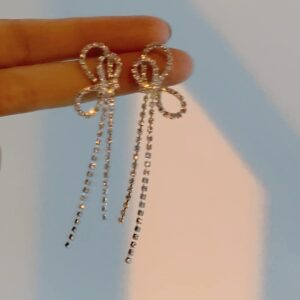 925 silver Crystal Bow Stud Earrings Fashion Ladies Tassel Rhinestone Earrings Hypoallergenic for Sensitive Ears (Silver Bow Earrings)