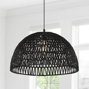 JONATHAN Y JYL6504C Campana 20" 1-Light Bohemian Modern Woven Rattan/Iron LED Pendant Farmhouse Coastal Adjustable Dining Room Living Room Kitchen Island Foyer Bedroom Hallway, Black