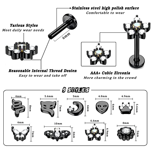 Sanfenly Helix Piercing Jewelry Stainless Steel Cartilage Tragus Conch Earring Stud 16G 6MM Internally Threaded Medusa Monroe Lip Ring Labret Nose Stud Set Black