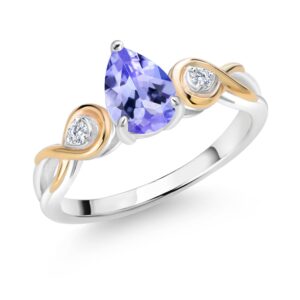 gem stone king 925 sterling silver and 10k yellow gold pear shape blue tanzanite and white lab grown diamond women ring (0.81 cttw, gemstone birthstone, available in size 5, 6, 7, 8, 9)