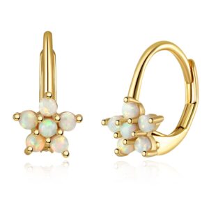 cinily womens 14k yellow gold plated flower small hoop earrings leverback opal dangle drop earrings