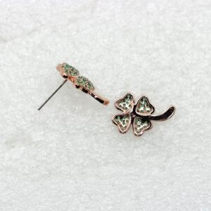 Faship Green Cubic Zirconia CZ Crystal Shamrock Clover 4 Leaf Stud Earrings - Green/Rose Gold Plated