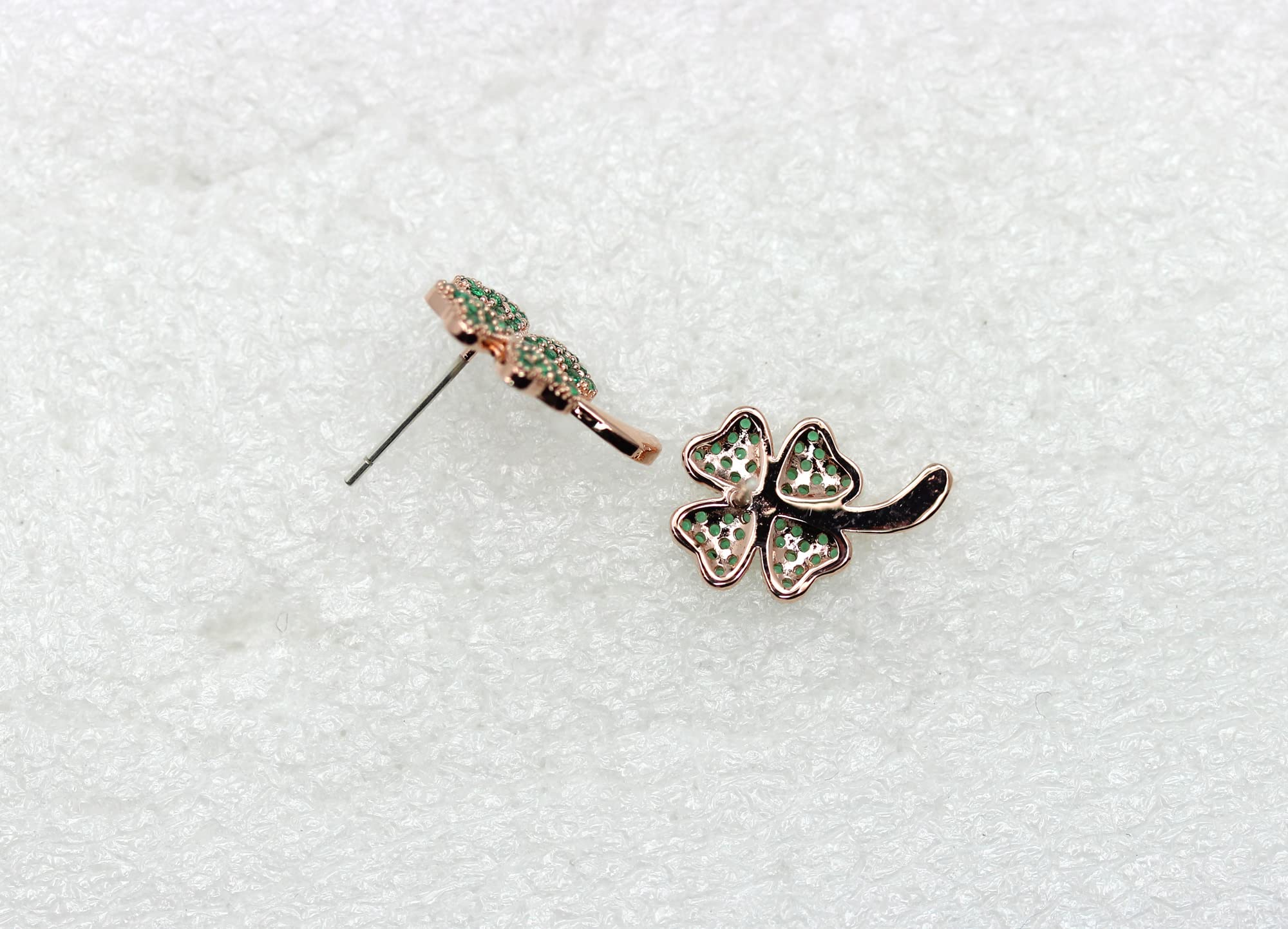 Faship Green Cubic Zirconia CZ Crystal Shamrock Clover 4 Leaf Stud Earrings - Green/Rose Gold Plated