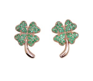 faship green cubic zirconia cz crystal shamrock clover 4 leaf stud earrings - green/rose gold plated