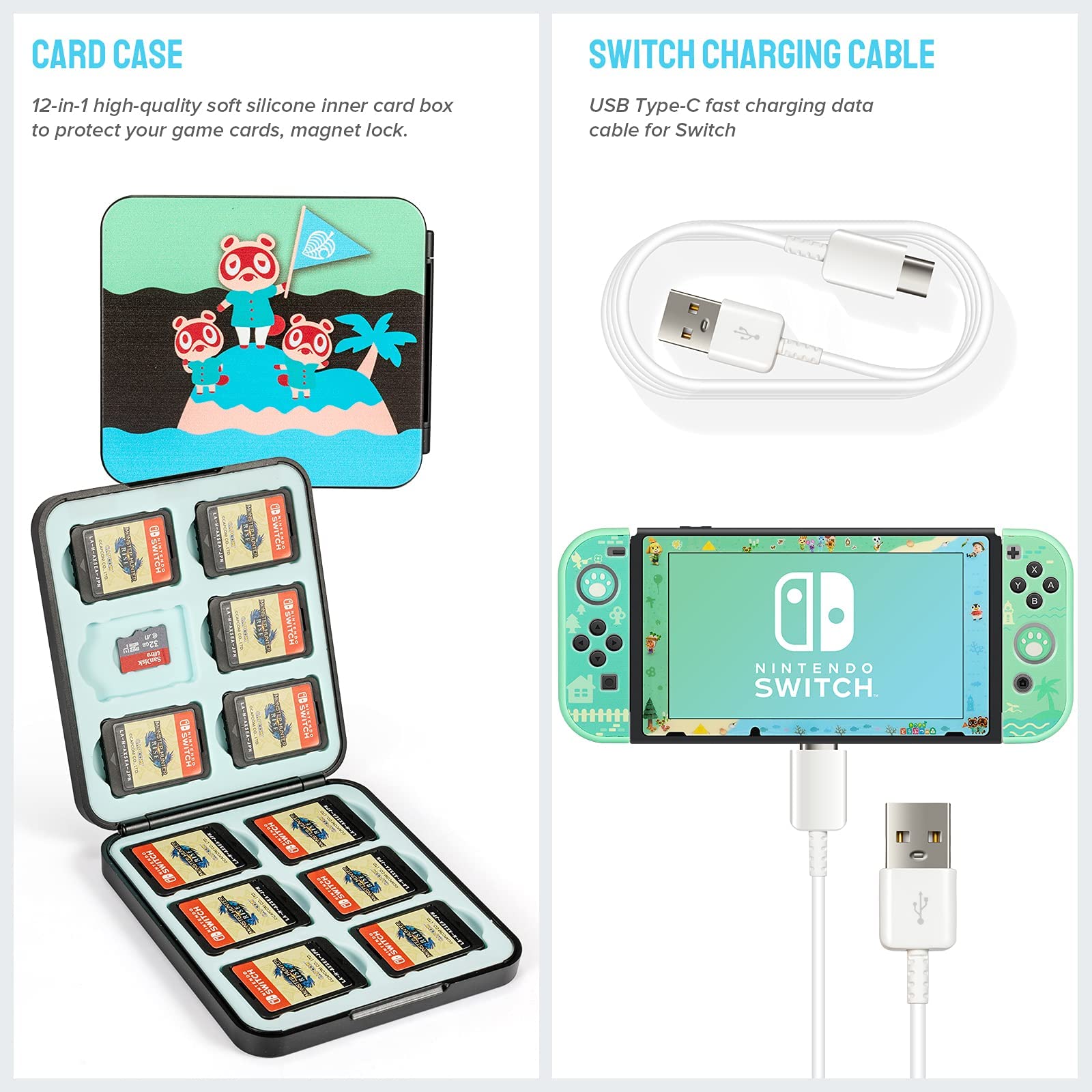 Gefacr GEFACR Case for Switch with Animal Crossing,Switch Accessories Bundle Carry Case & Protective Case Cover,Screen Protector & Thum green