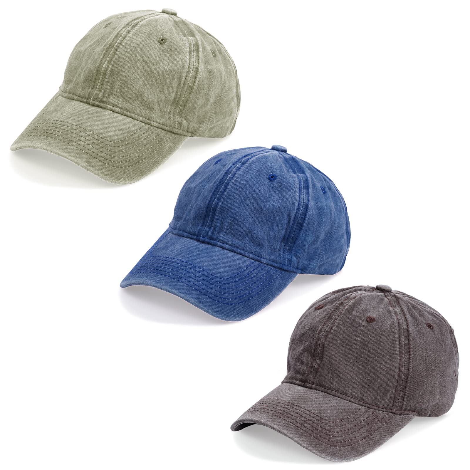 3PCS Classic Baseball Cap, Low Profile Hats Adjustable Washed Plain Baseball Hat Cap Dad Hat for Men Women (Khaki Brown Sky Blue)