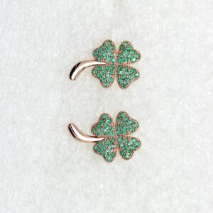 Faship Green Cubic Zirconia CZ Crystal Shamrock Clover 4 Leaf Stud Earrings - Green/Rose Gold Plated