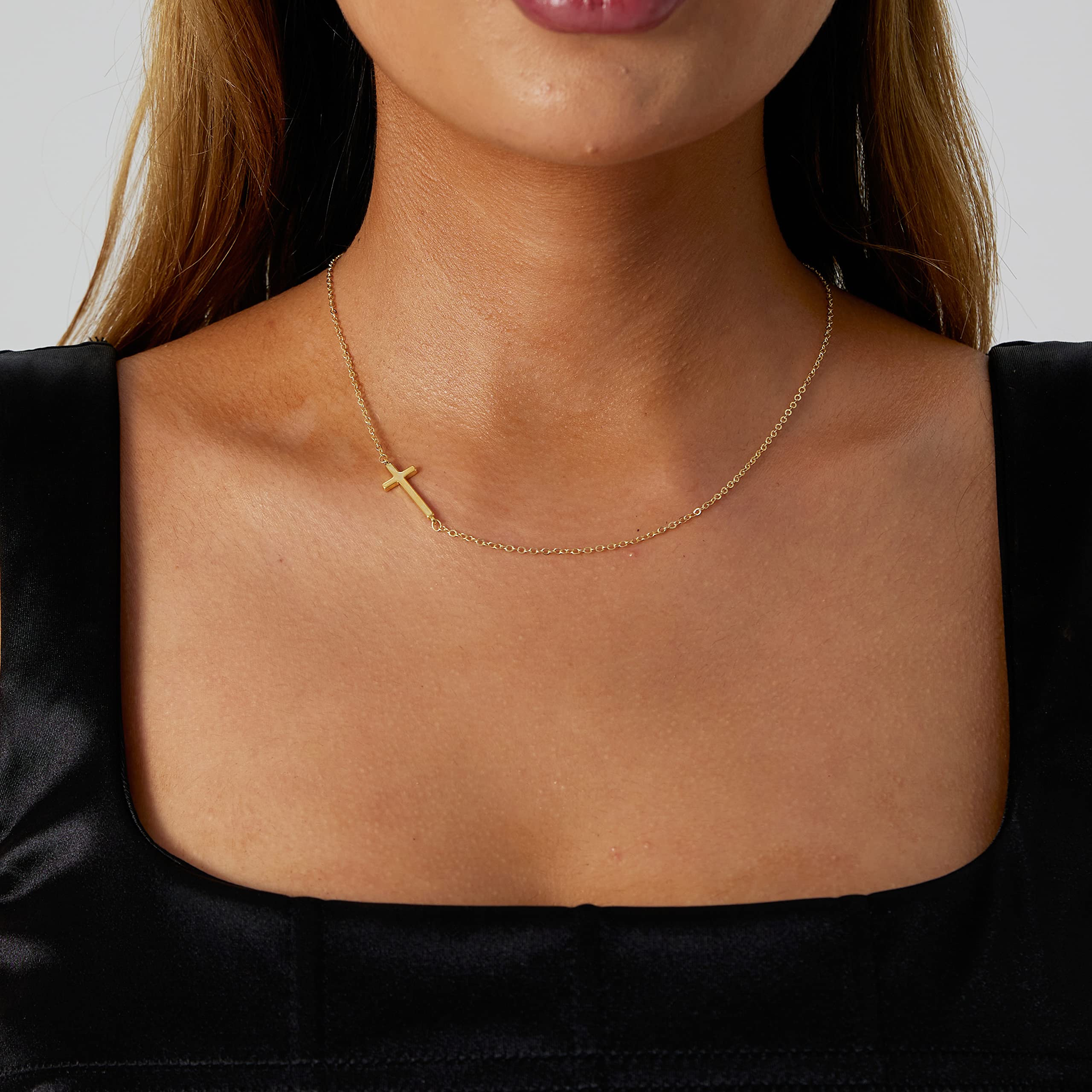 Tasiso Side Ways Cross Pendant Necklace for Women 14K Gold Plated Dainty Sideway Cross Necklace Horizontal Faith Necklace Minimal Everyday Jewelry Gift